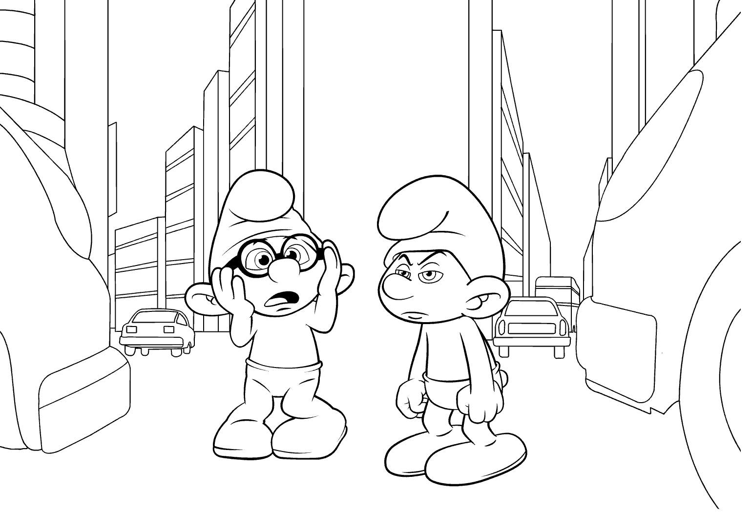 Coloriage - Schtroumpf à lunettes et Schtroumpf grognon